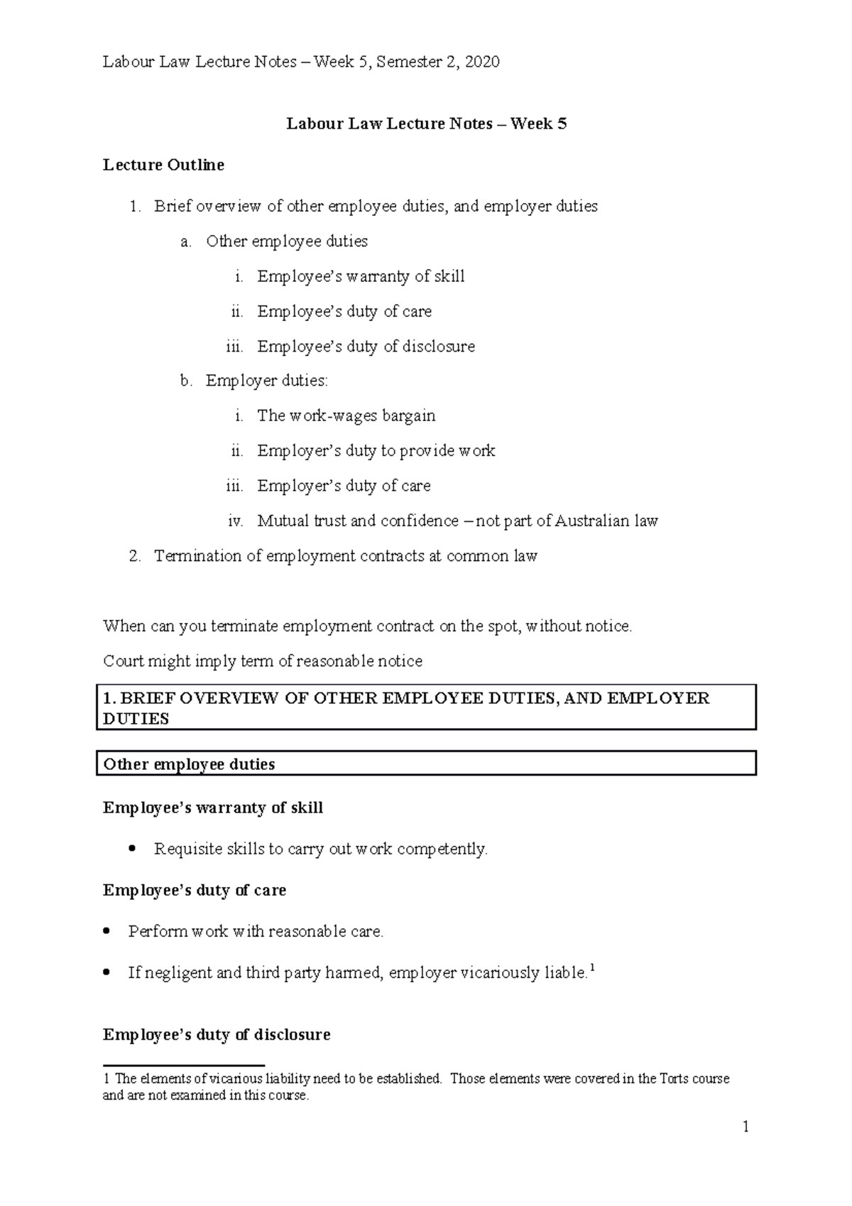 Week 5 Labour Law Notes - Labour Law Lecture Notes – Week 5 Lecture ...