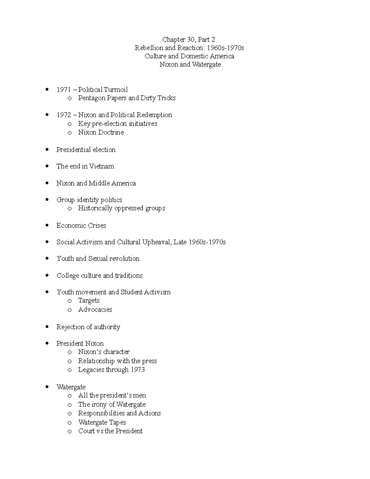 HIST 2112 CH. 30 Nixon Part2 Rebellion and Reaction - Chapter 30, Part ...
