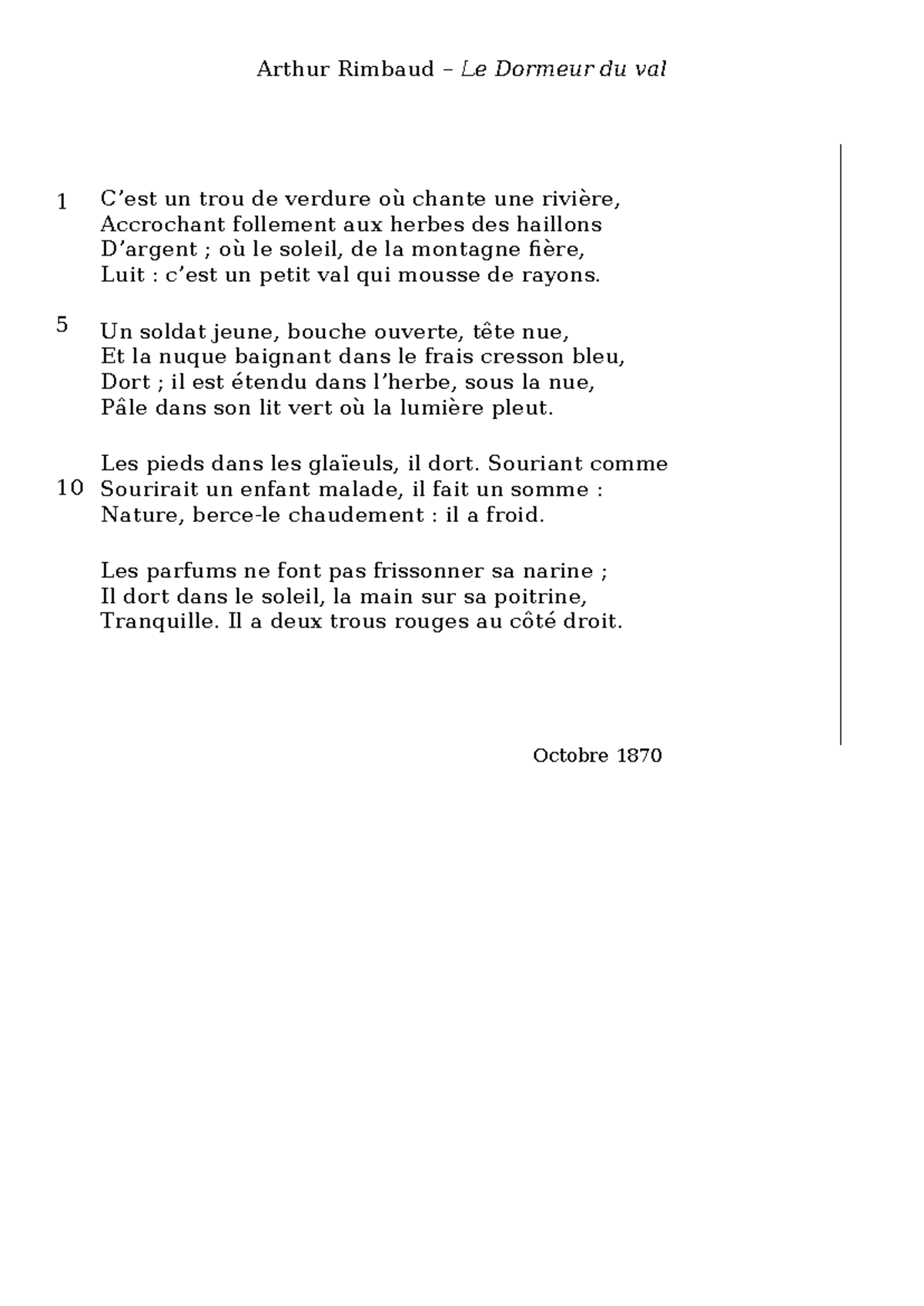 Analyse linéaire Le Dormeur Du Val - Arthur Rimbaud – Le Dormeur du val ...