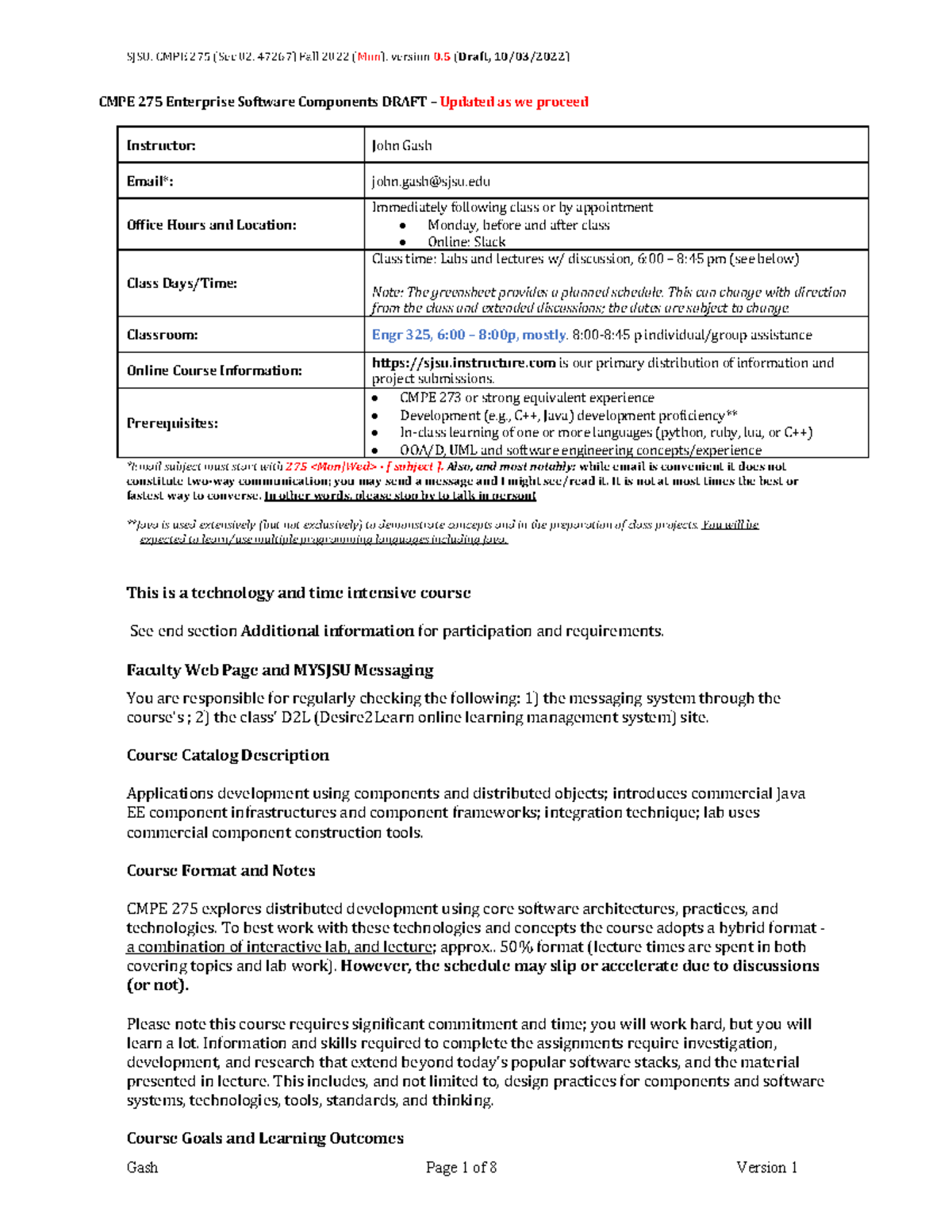 CMPE275 Fall2022 Mon gash greensheet - CMPE 275 Enterprise Software Components DRAFT – Updated ...
