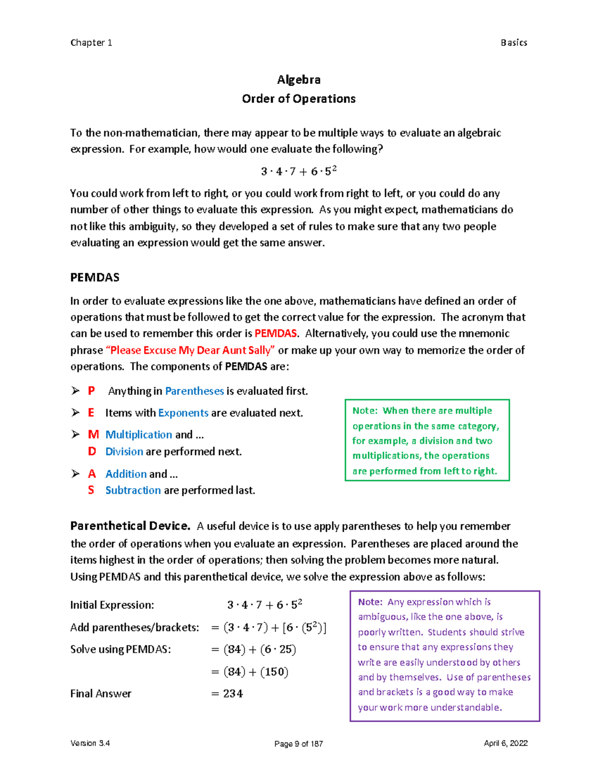Pre Calculus Math Handbook 2 - Chapter 1 Basics Algebra Order of ...