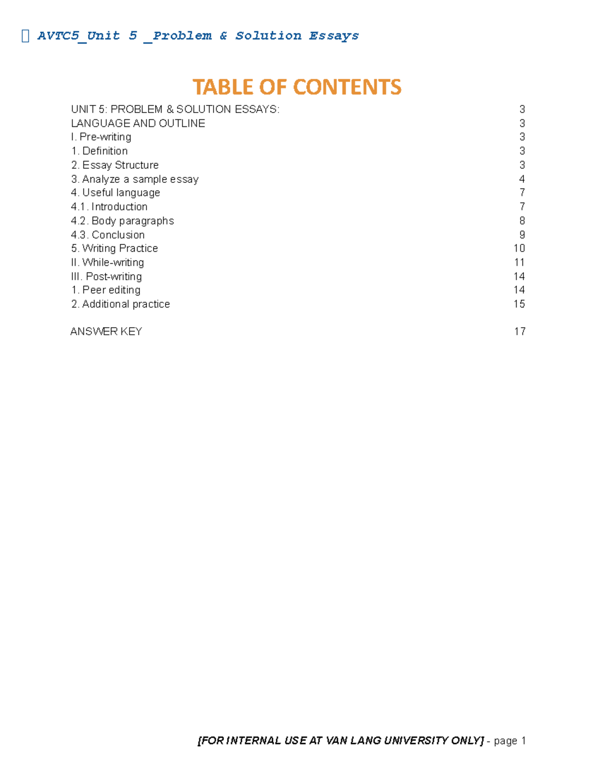 [Official] AVTC5 - Unit 5 - Problems Solutions - Full essay - TABLE OF CONTENTS UNIT 5: PROBLEM ...