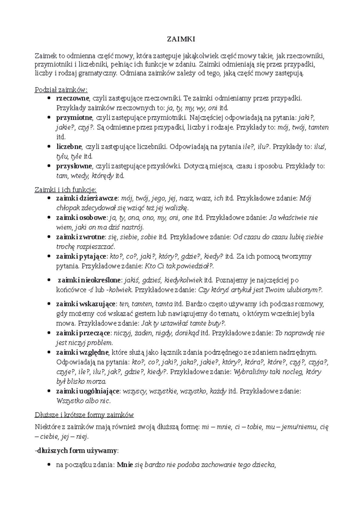 Zaimki: krótkie notatki o zamikach, najważniejsze informacje. - ZAIMKI ...