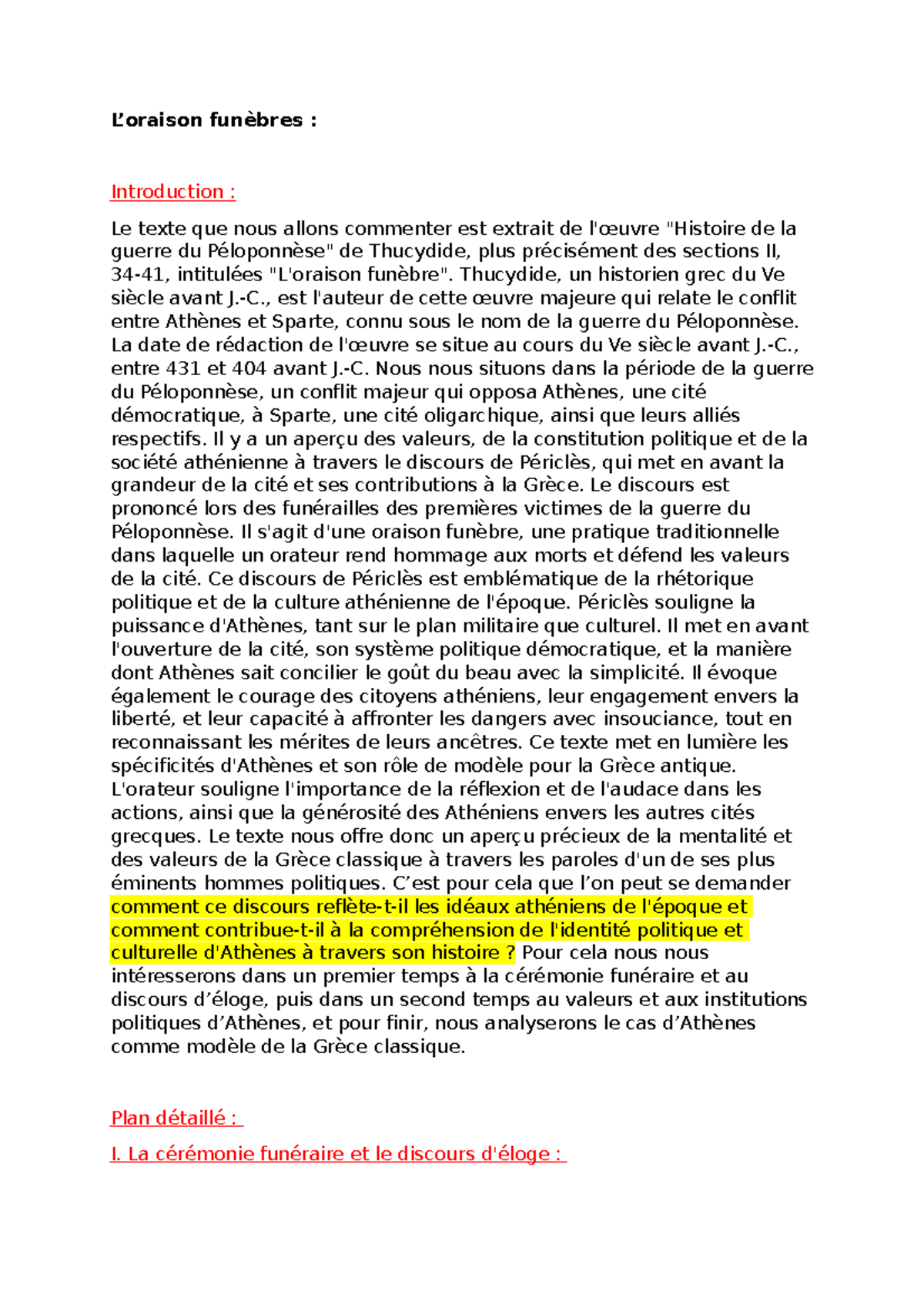 Oraison funèbres - L’oraison funèbres : Introduction : Le texte que ...