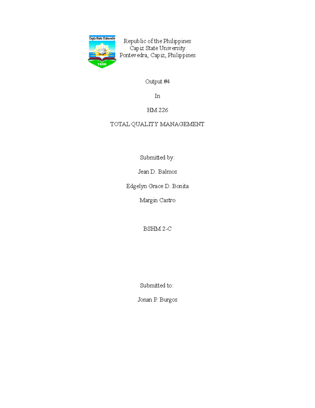 Case study 1111 - Republic of the Philippines Capiz State University ...