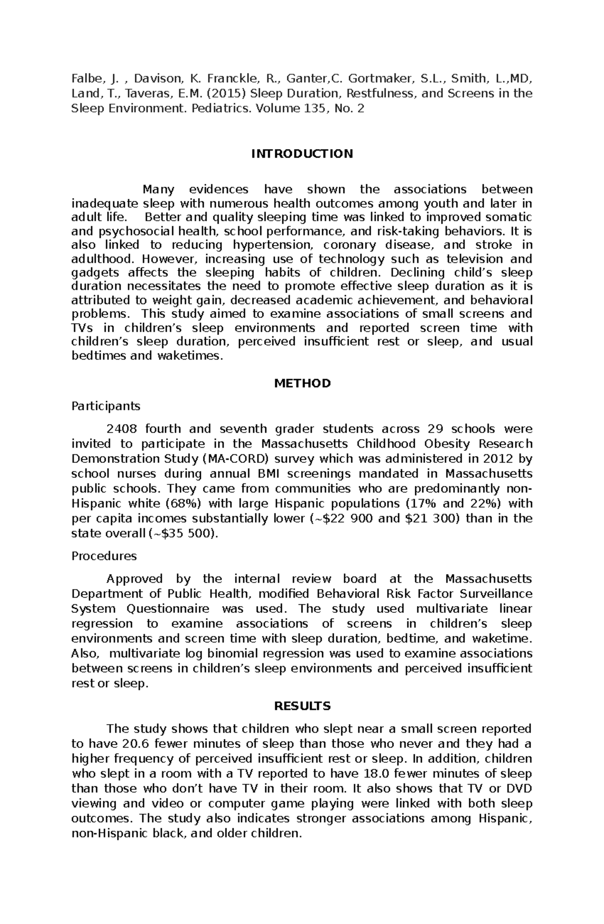 Assign#1 Abstract-Child Development USA - Falbe, J. , Davison, K ...