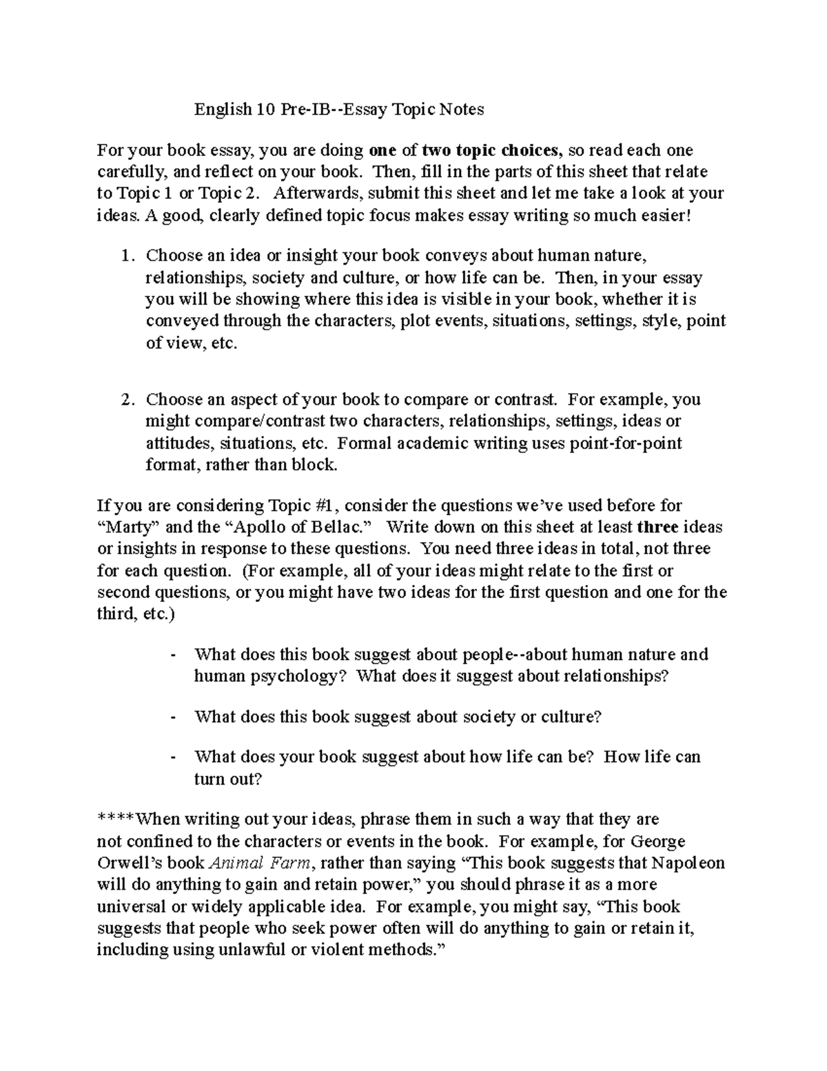Essay Topic Notes - English 10 Pre-IB-Essay Topic Notes For your book ...