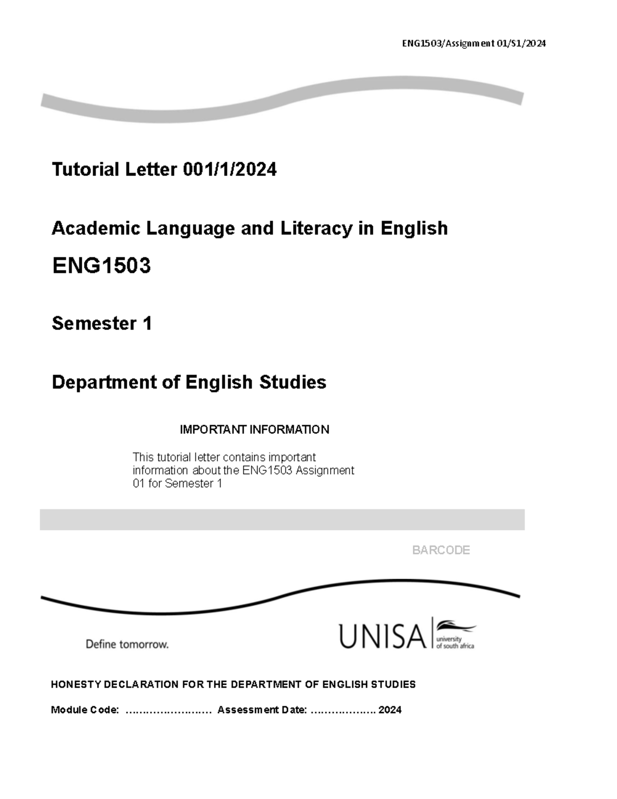 Academic language and literature - ENG1503/Assignment 01/S1/ Tutorial Letter 001/1/ Academic ...