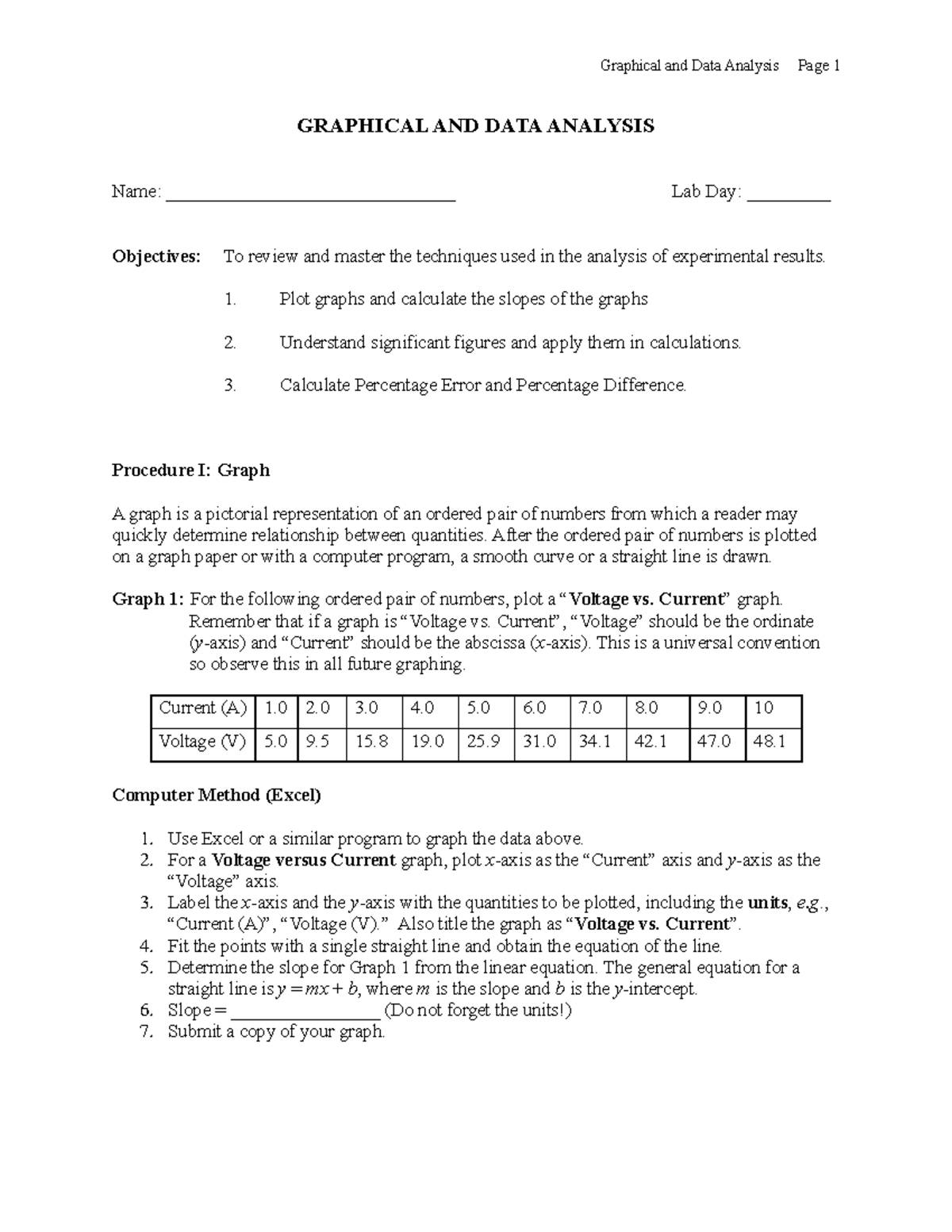 LAB 1 Data Analysis - GRAPHICAL AND DATA ANALYSIS Name: _______________________________ Lab Day ...