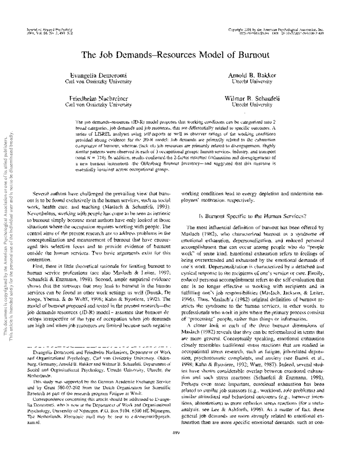 Journal Article - The Job Demands–Resources Model of Burnout - Journal ...