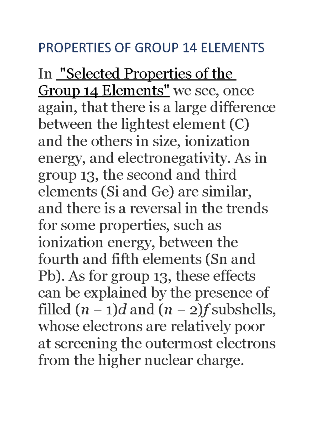 Properties OF Group 14 Elements - PROPERTIES OF GROUP 14 ELEMENTS In ...