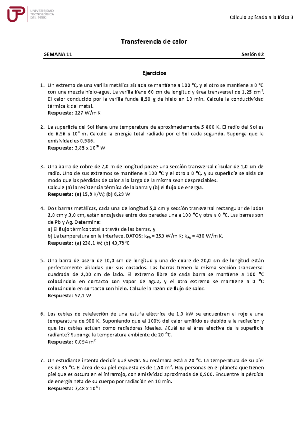 S Sem11 Ses2 Transferencia de calor - Transferencia de calor SEMANA 11 Sesión 02 Ejercicios Un ...