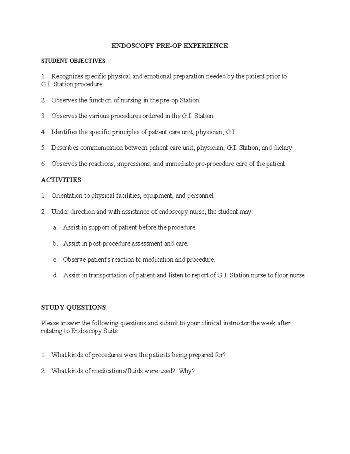 Endoscopy Preop Experience - ENDOSCOPY PRE-OP EXPERIENCE STUDENT ...