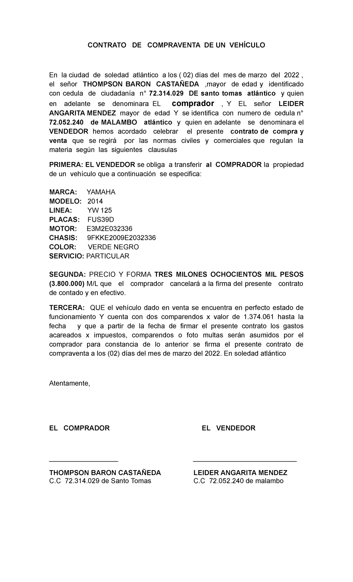 Contrato De Compraventa Moto Dgt