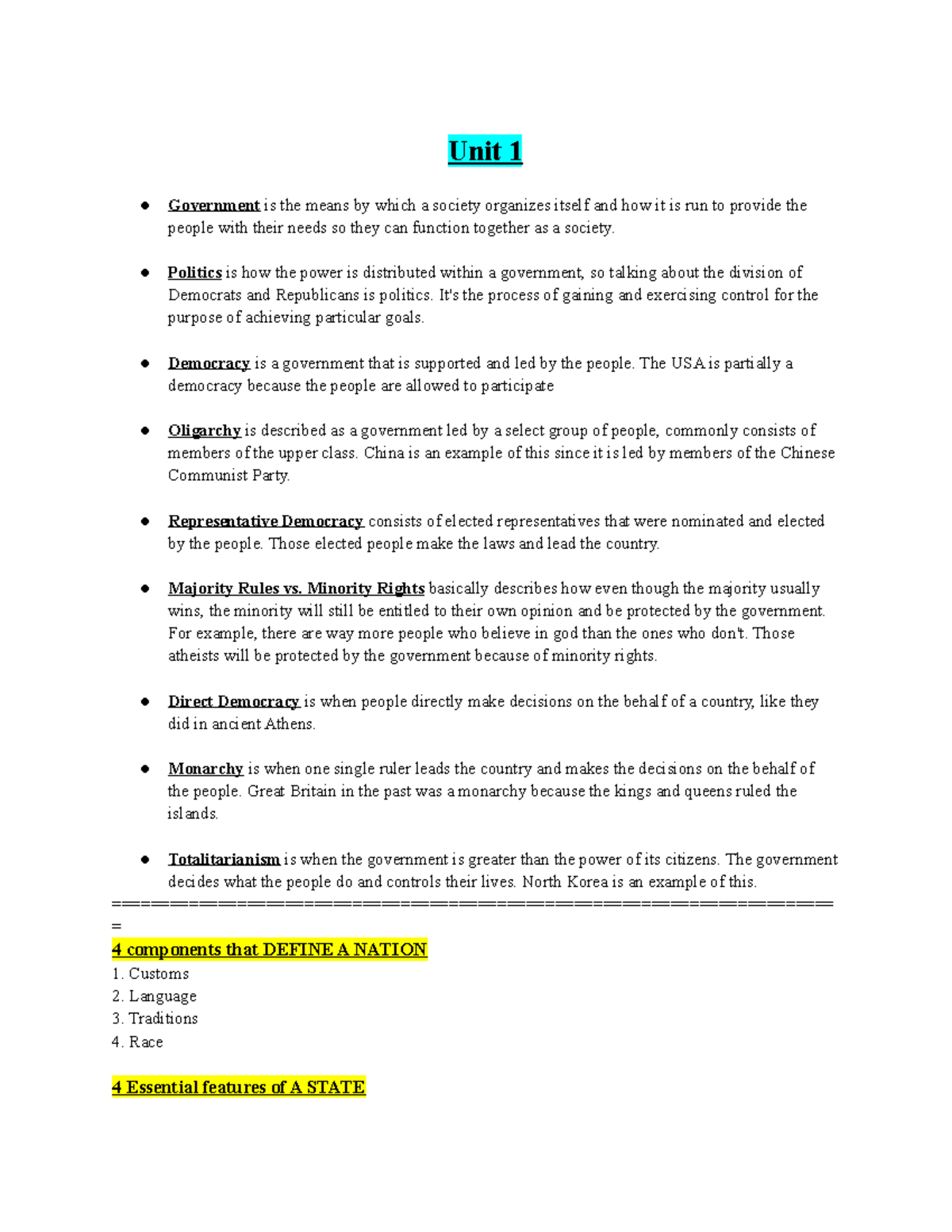 Accelerated Government Law Notes 2021-2022 - Unit 1 Government is the ...