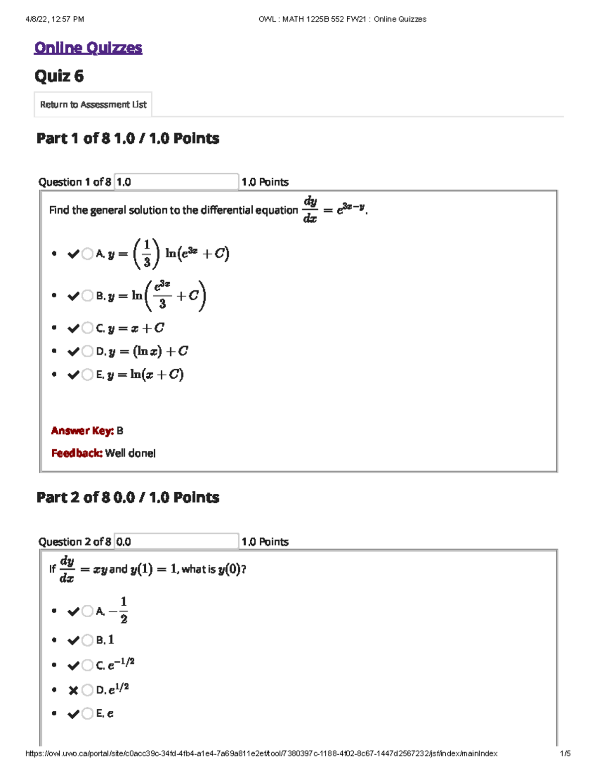 OWL MATH 1225B 552 FW21 Online Quizzes - Online Quizzes Quiz 6 Return to Assessment List Part 1 ...