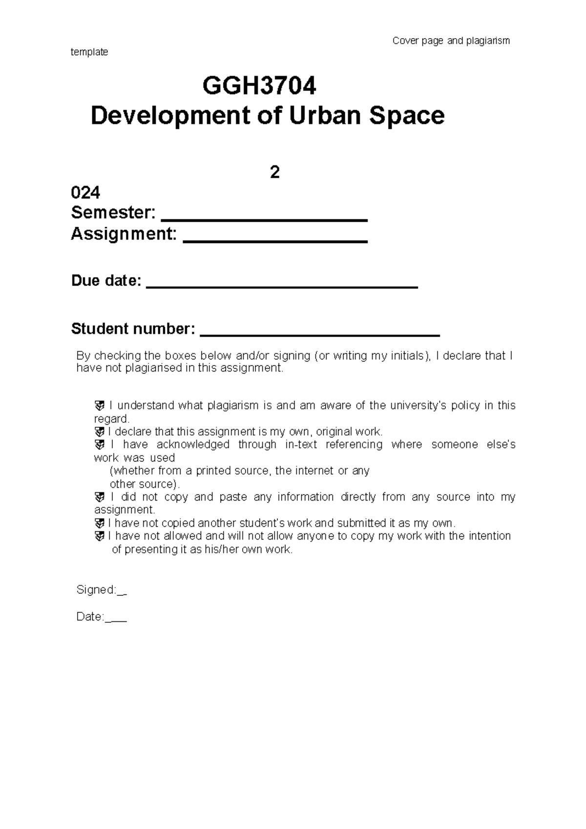 GGH3704 Declaration - Cover page and plagiarism template GGH ...
