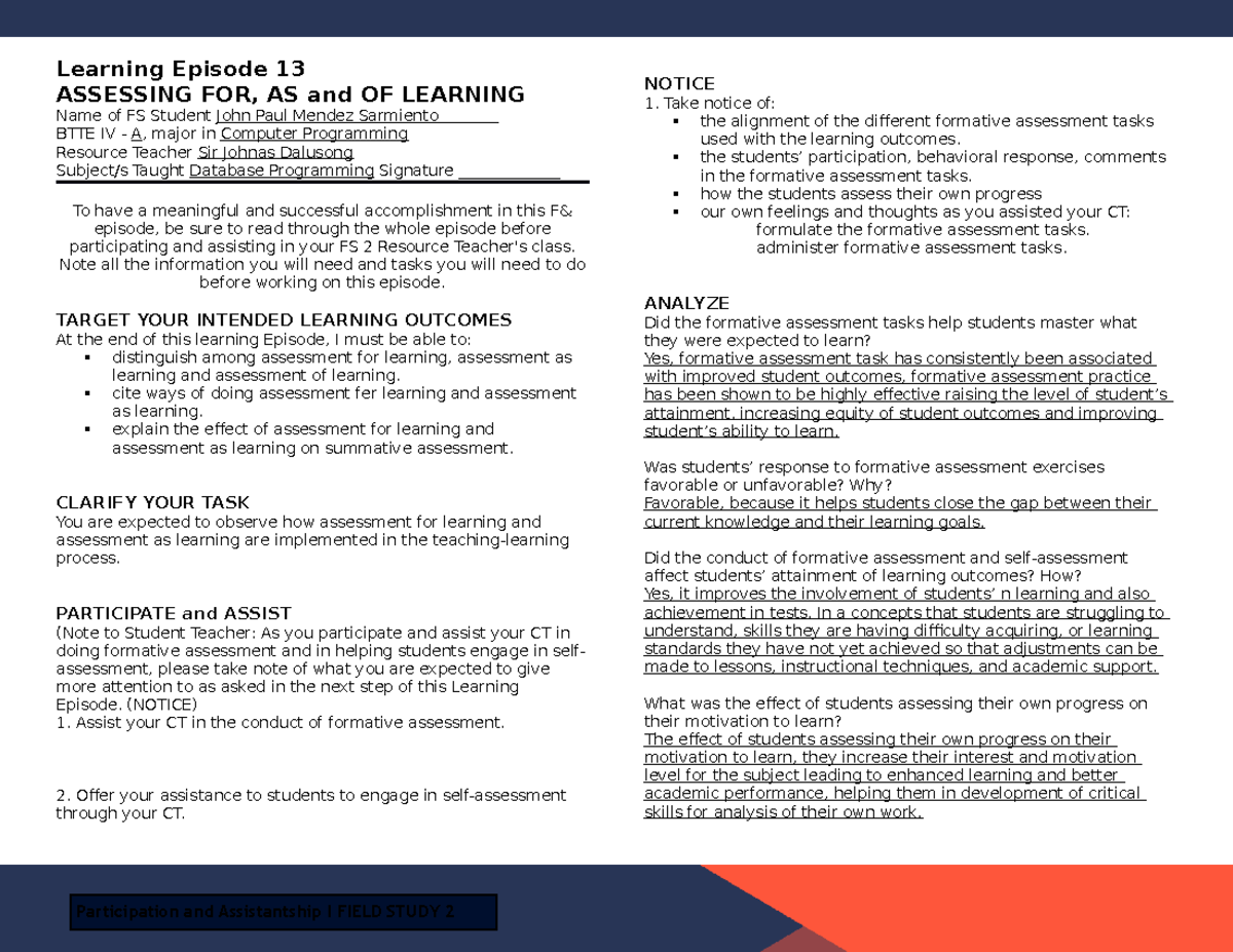 Learning Episode 13 - FS 2 - Learning Episode 13 ASSESSING FOR, AS and OF LEARNING Name of FS ...