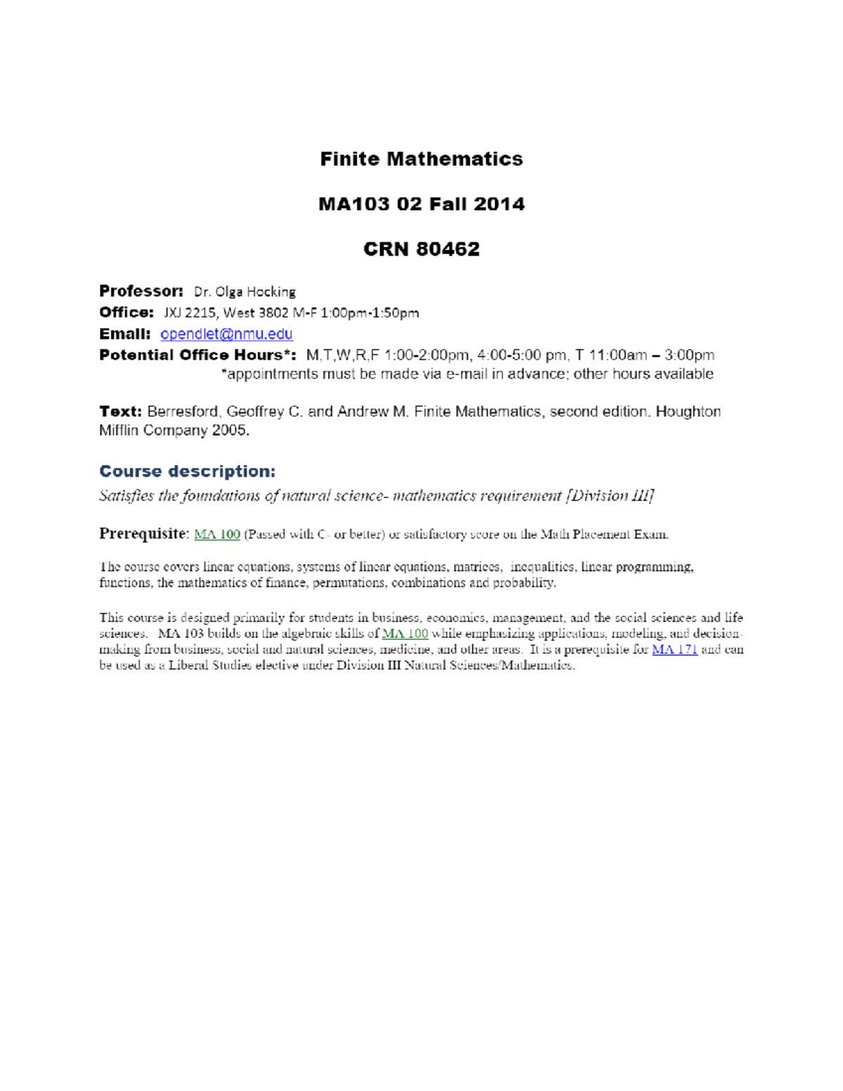 Finite Mathematics MA103 02 Fall 2014 CRN 80462 - MATH 373 - Studocu