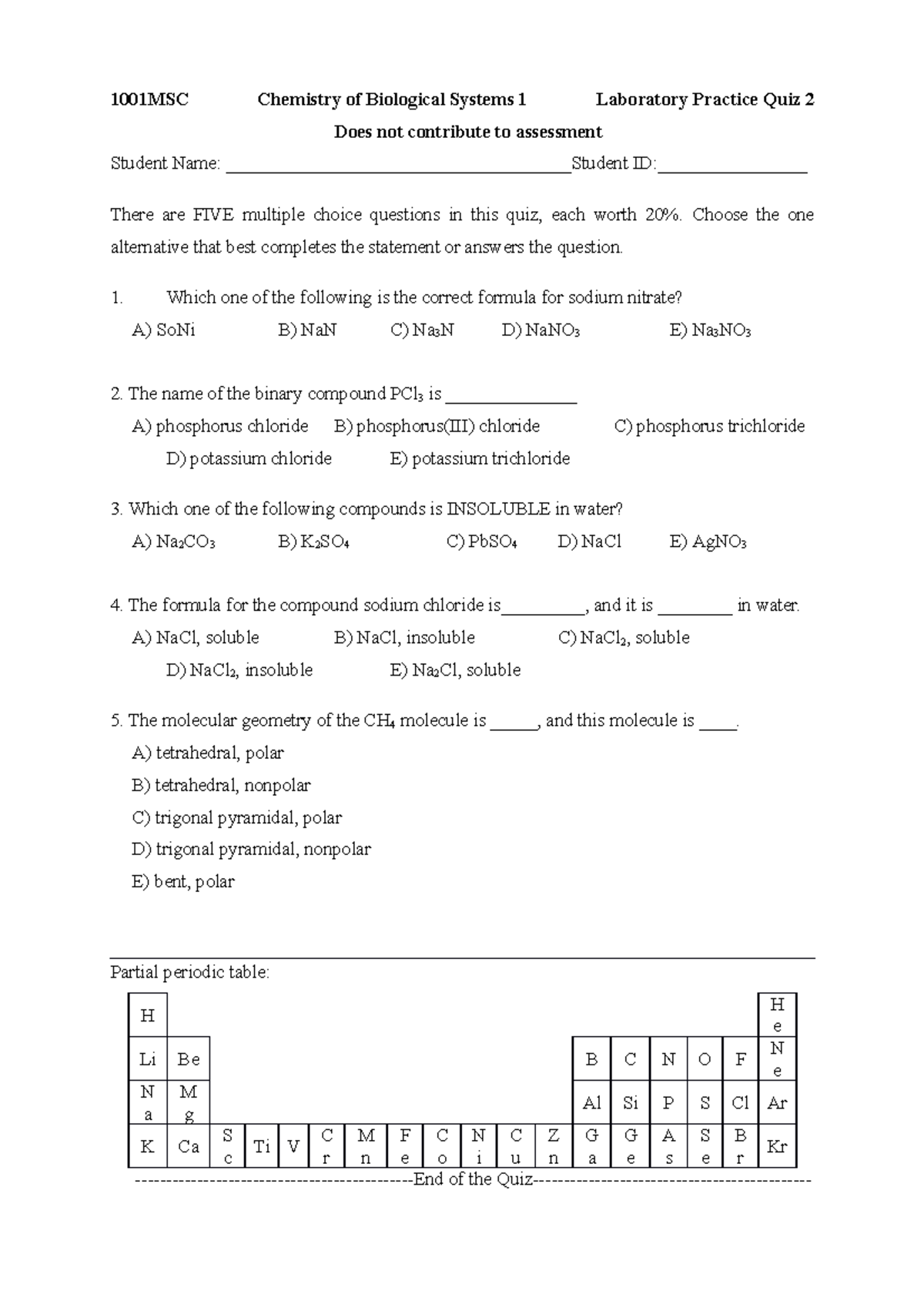 Lab practice quiz 2 - 1001MSC Chemistry of Biological Systems 1 ...