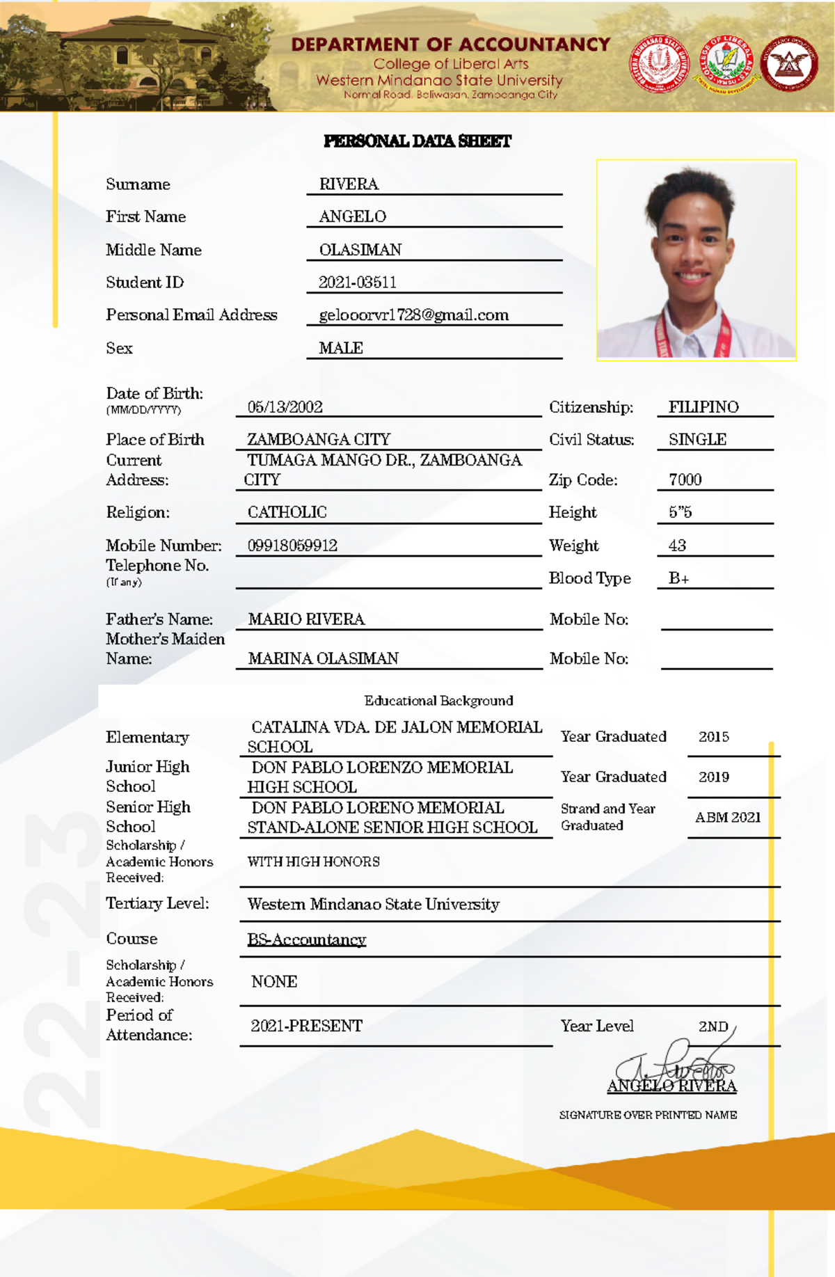 Rivera Student Profile Second Semester - PERSONAL DATA SHEET Surname ...