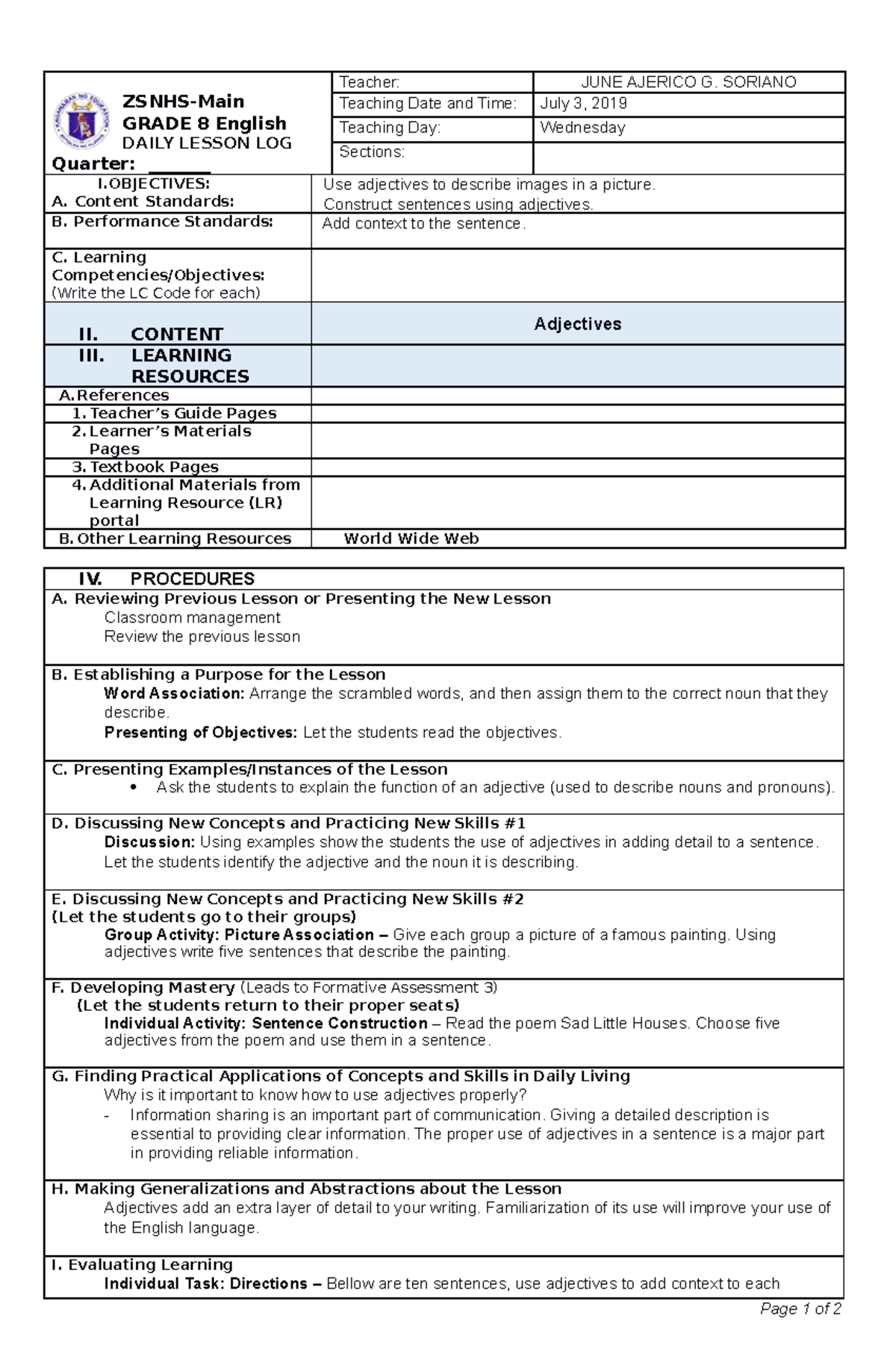 DLL-1st COT 19-20 - Daily Lesson Log COT 1st quarter - ZSNHS-Main GRADE ...