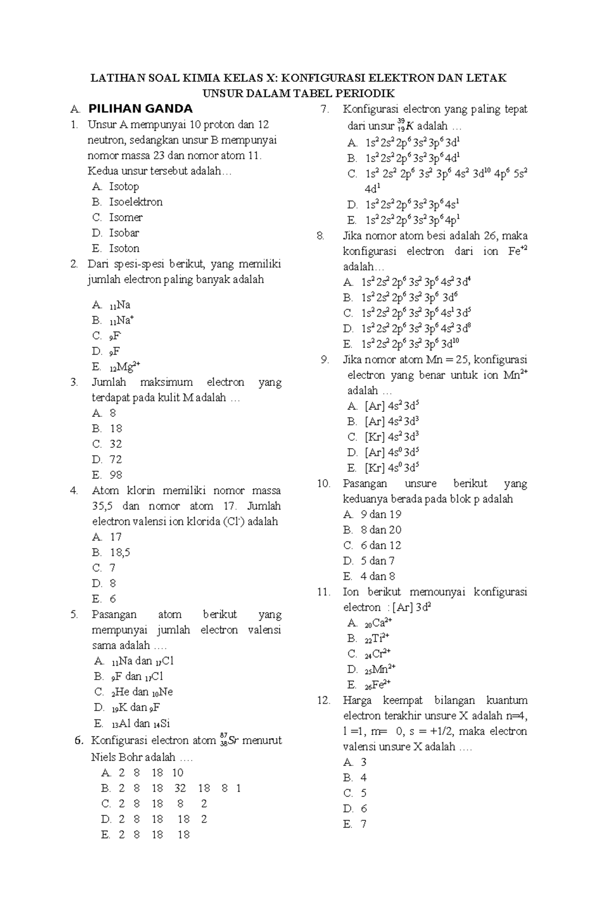 Latihan SOAL Kimia Kelas X Konfigurasi E - LATIHAN SOAL KIMIA KELAS X: KONFIGURASI ELEKTRON DAN ...