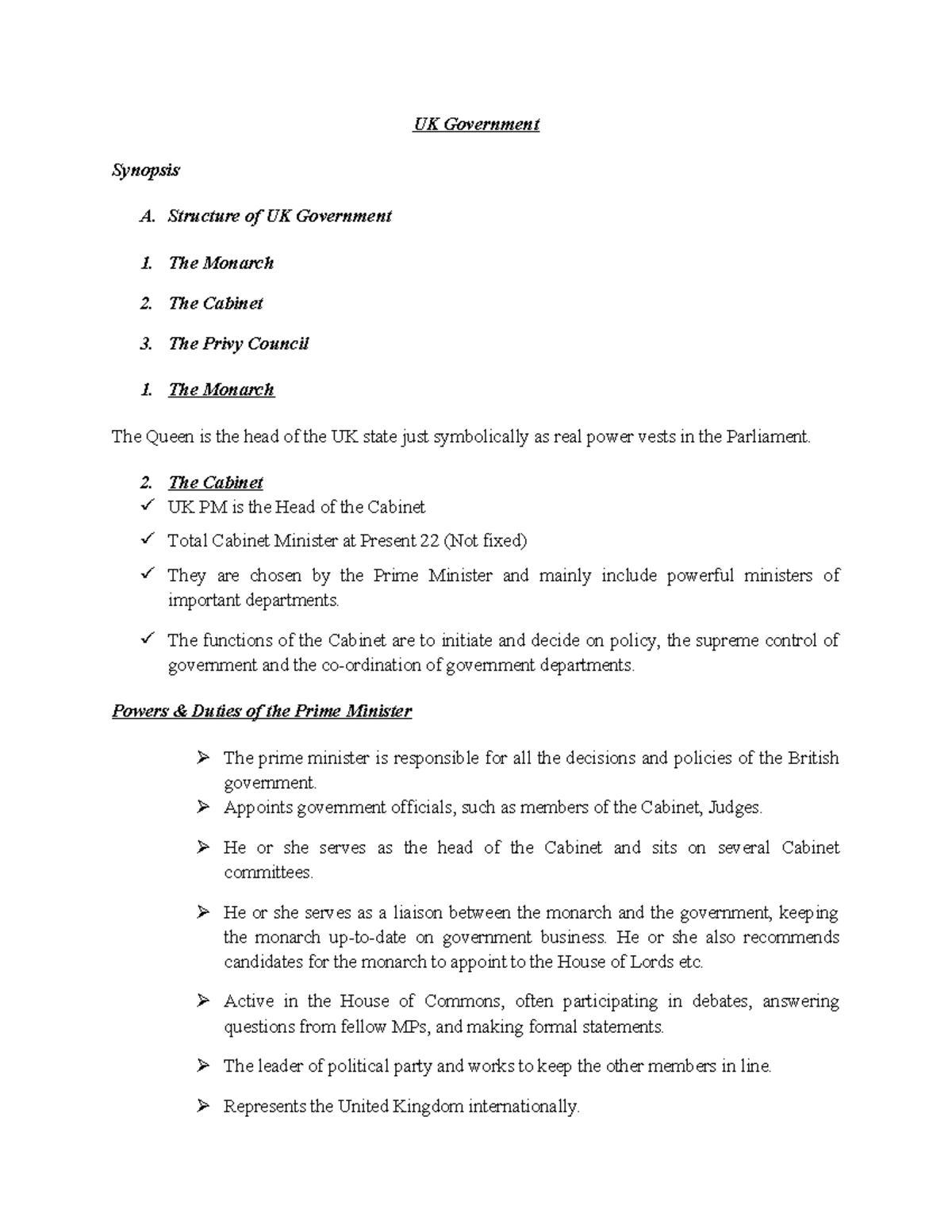 Lecture on UK Government - UK Government Synopsis A. Structure of UK ...