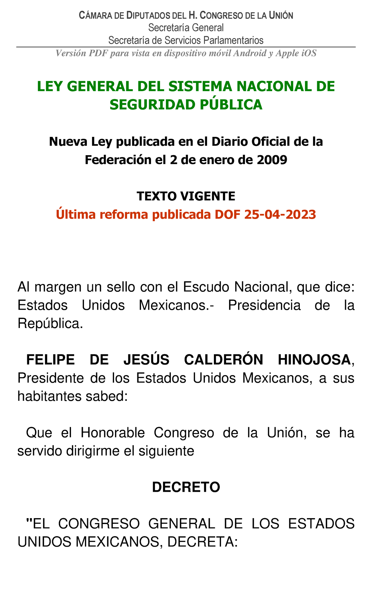 Ley General del Sistema Nacional de Seguridad Publica - C¡MARA DE DIPUTADOS DEL H. CONGRESO DE ...