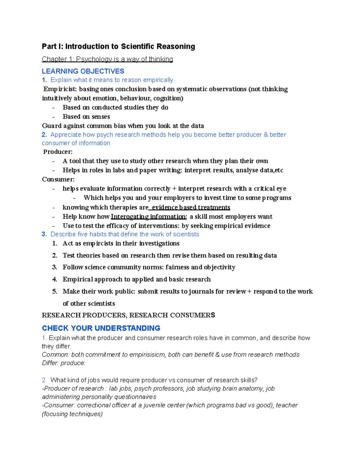 Psy 2174 textbook ch 1 - Part I: Introduction to Scientific Reasoning Chapter 1: Psychology is a ...