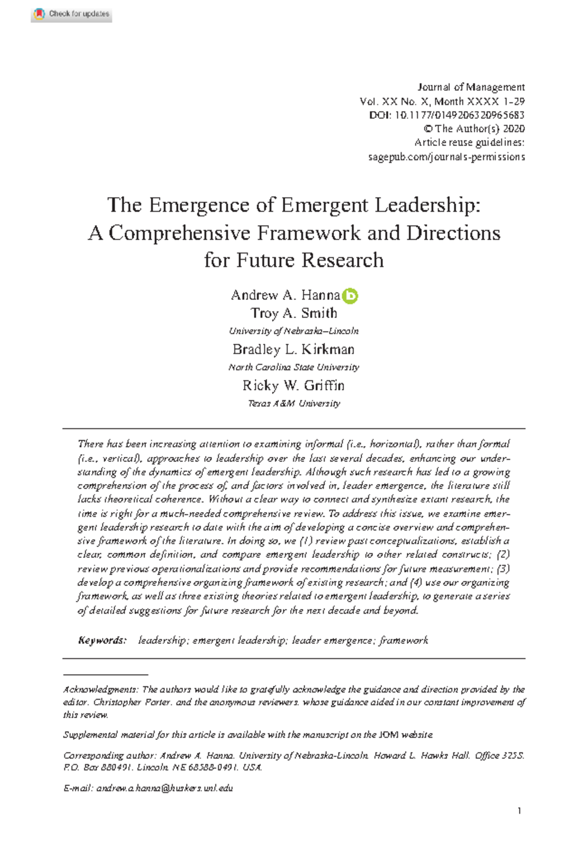 Emergence of Emergent Leadership - doi/10.1177/ Journal of Management ...