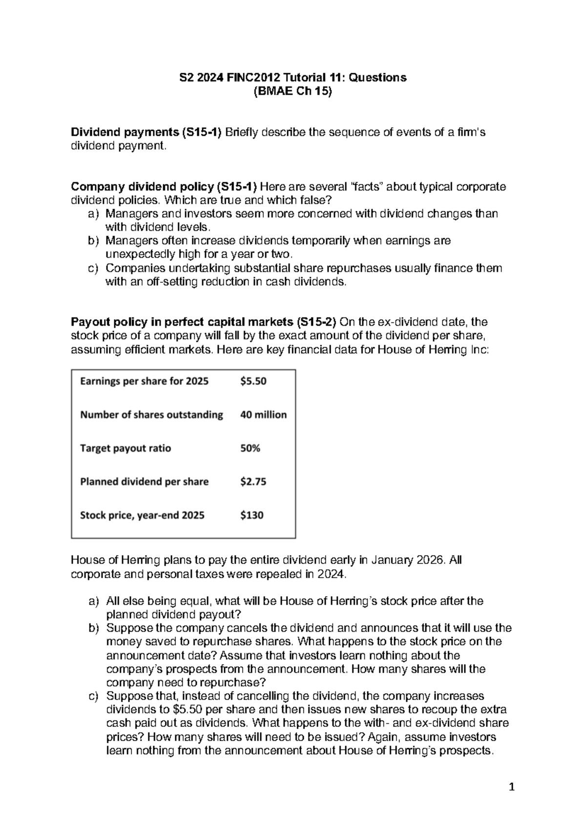 Tutorial 11 Practice - 1 S2 2024 FINC2012 Tutorial 1 1 : Questions ...
