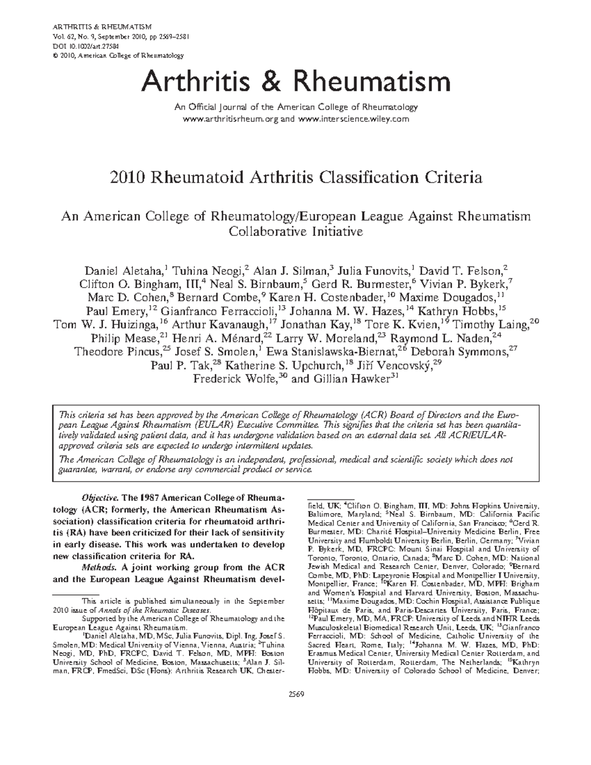 RA 2010 revised criteria classification - ARTHRITIS & RHEUMATISM Vol ...