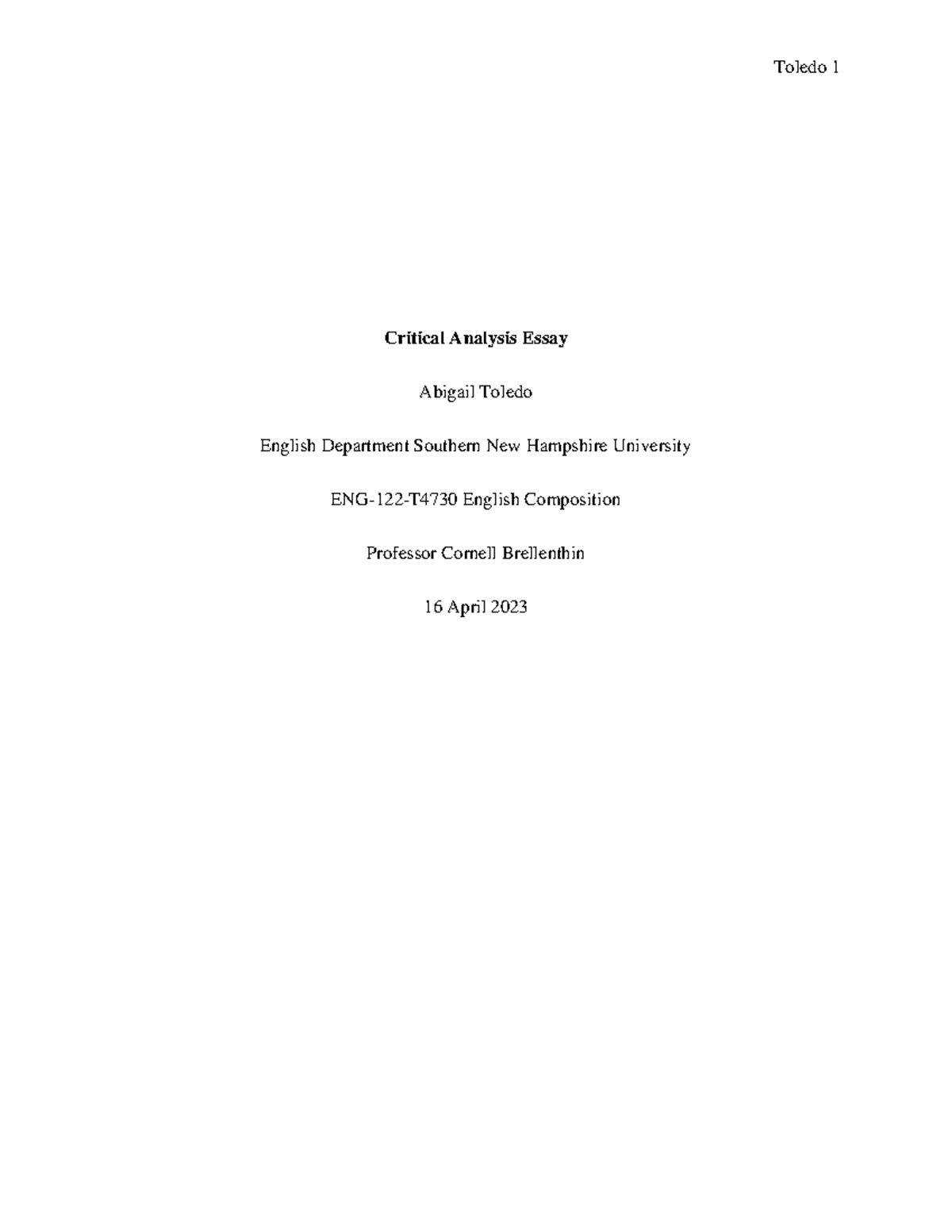 Critical Analysis Essay Final - Critical Analysis Essay Abigail Toledo ...