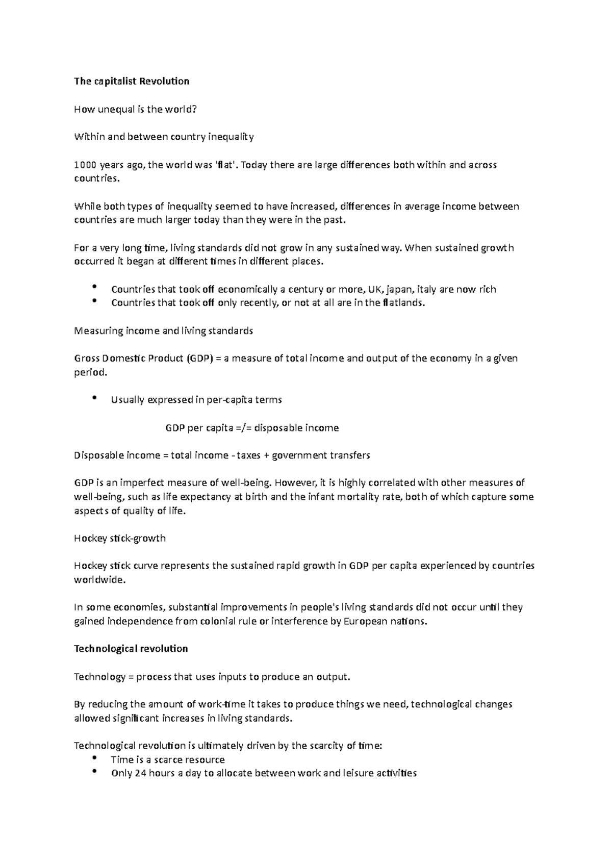 Econ wk 1 lecture notes - The capitalist Revolution How unequal is the ...