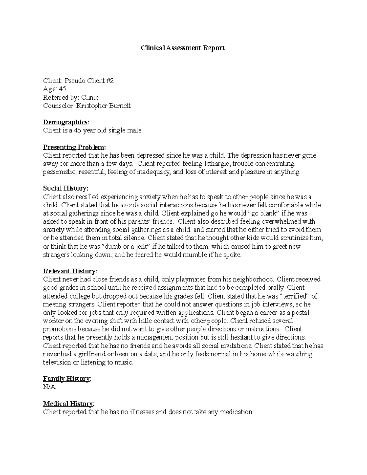 Clinical Assessment Report - Clinical Assessment Report Client: Pseudo ...