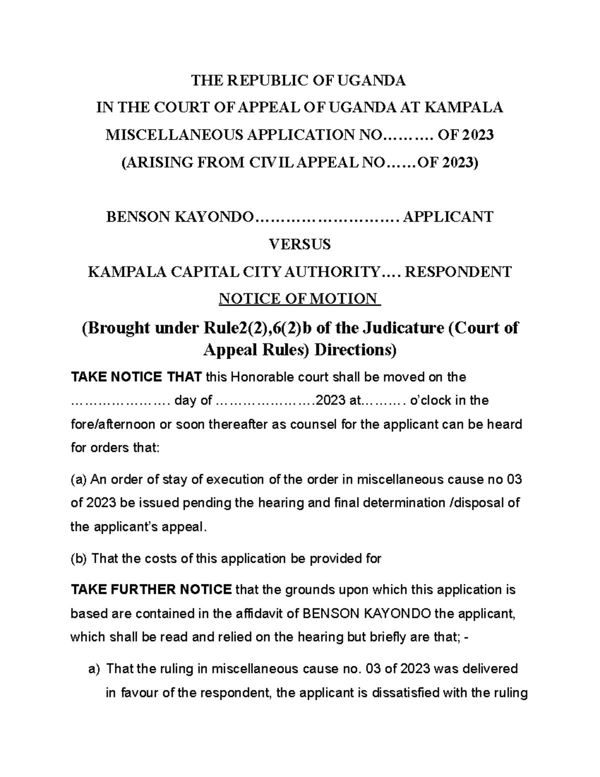 Application for stay of execution grp4 - THE REPUBLIC OF UGANDA IN THE ...