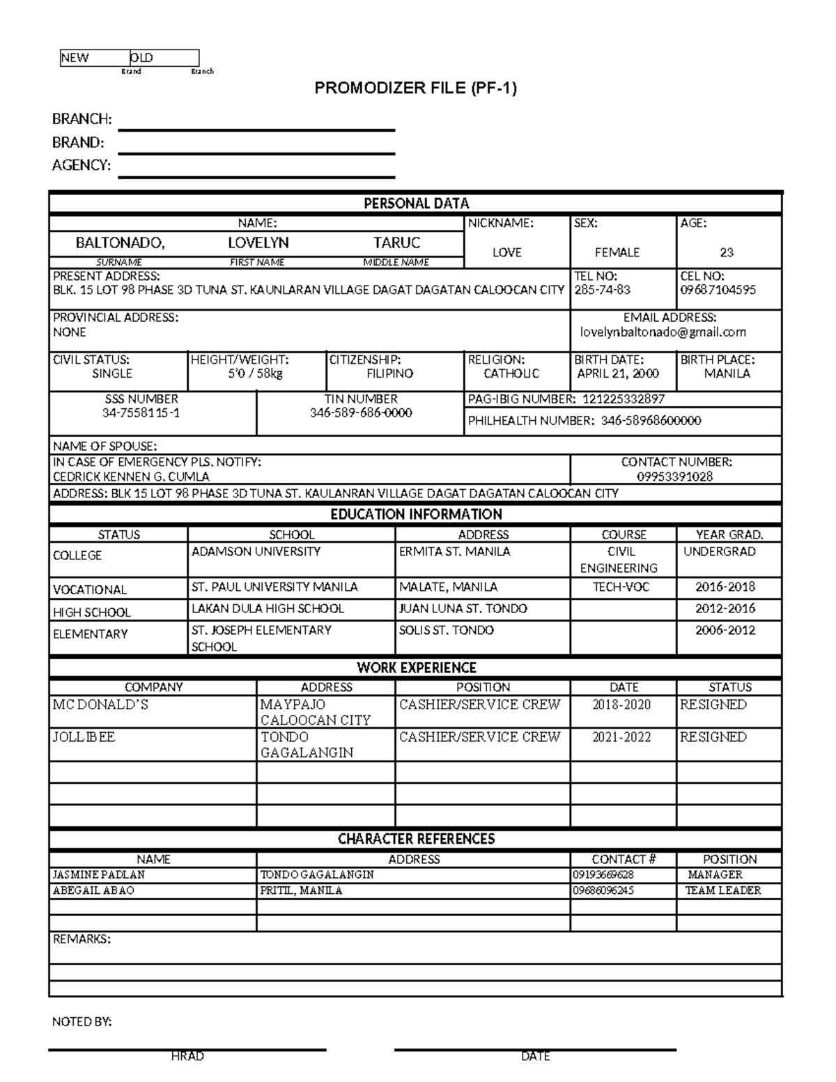 Promo Info Sheet 1 - yedd - NEW OLD BRANCH: BRAND: AGENCY: Brand Branch ...