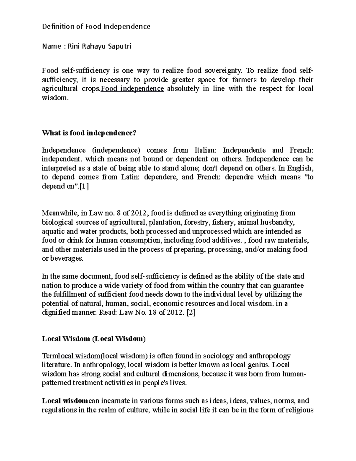 Definition of Food Independence - To realize food self- sufficiency, it ...