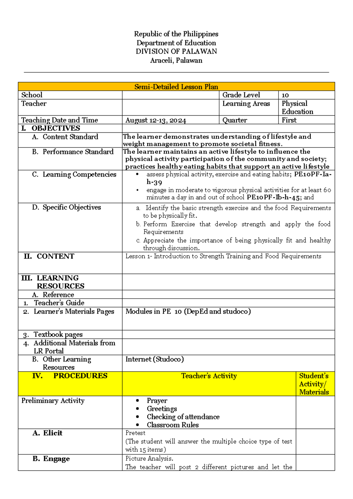 DP in PE10 quarter 1 Module 1 - Republic of the Philippines Department ...
