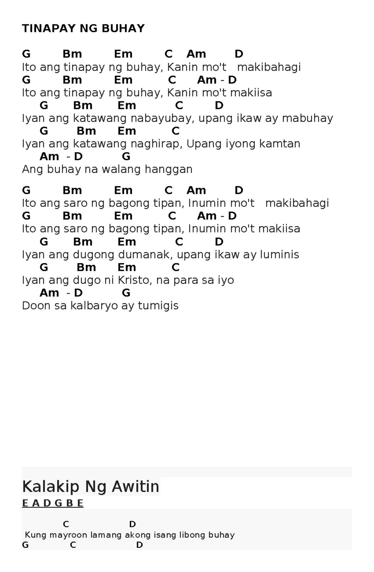 Tinapay NG Buhay - worship songs - TINAPAY NG BUHAY G Bm Em C Am D Ito ...