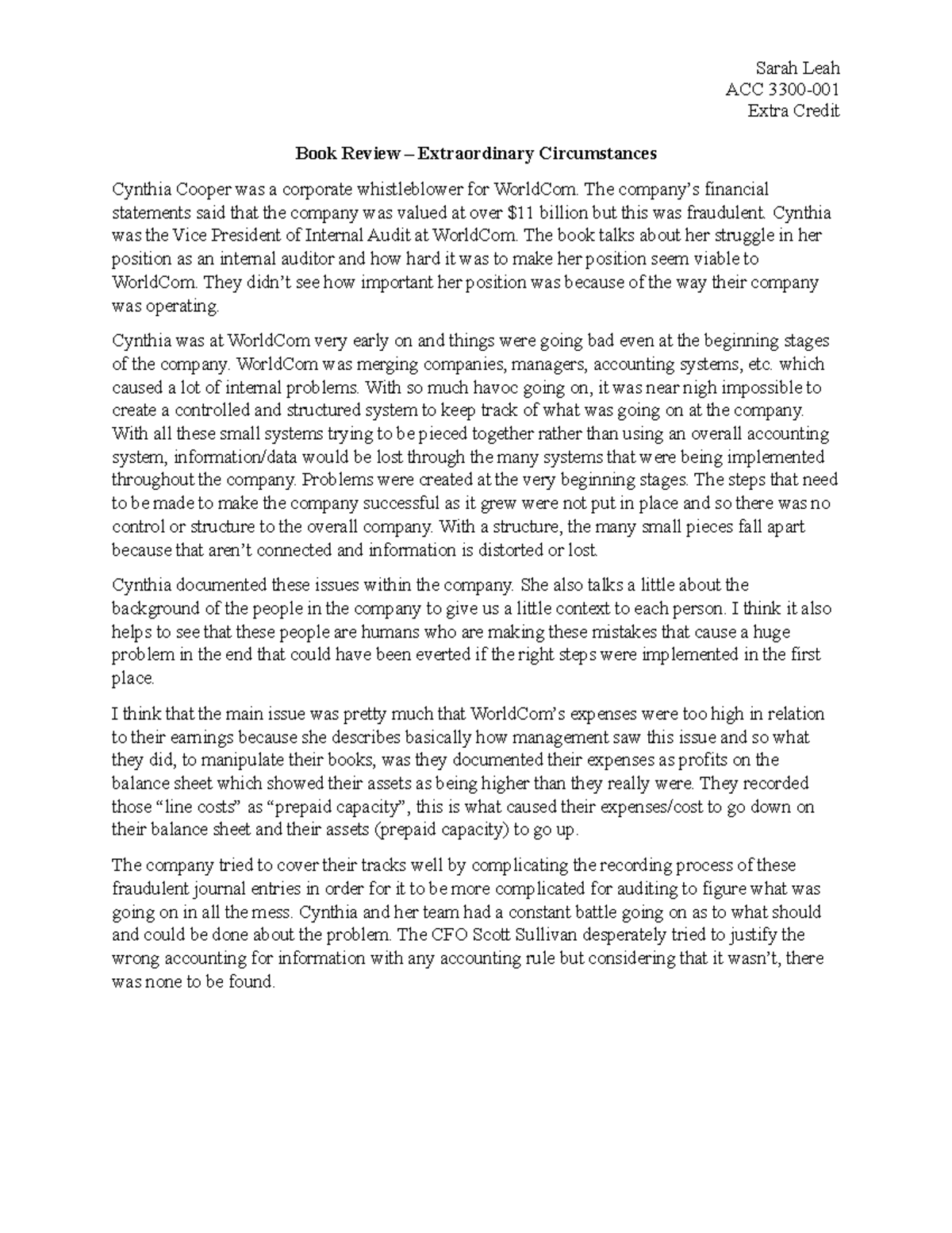 Book Review Extra Credit - Sarah Leah ACC 3300- Extra Credit Book ...