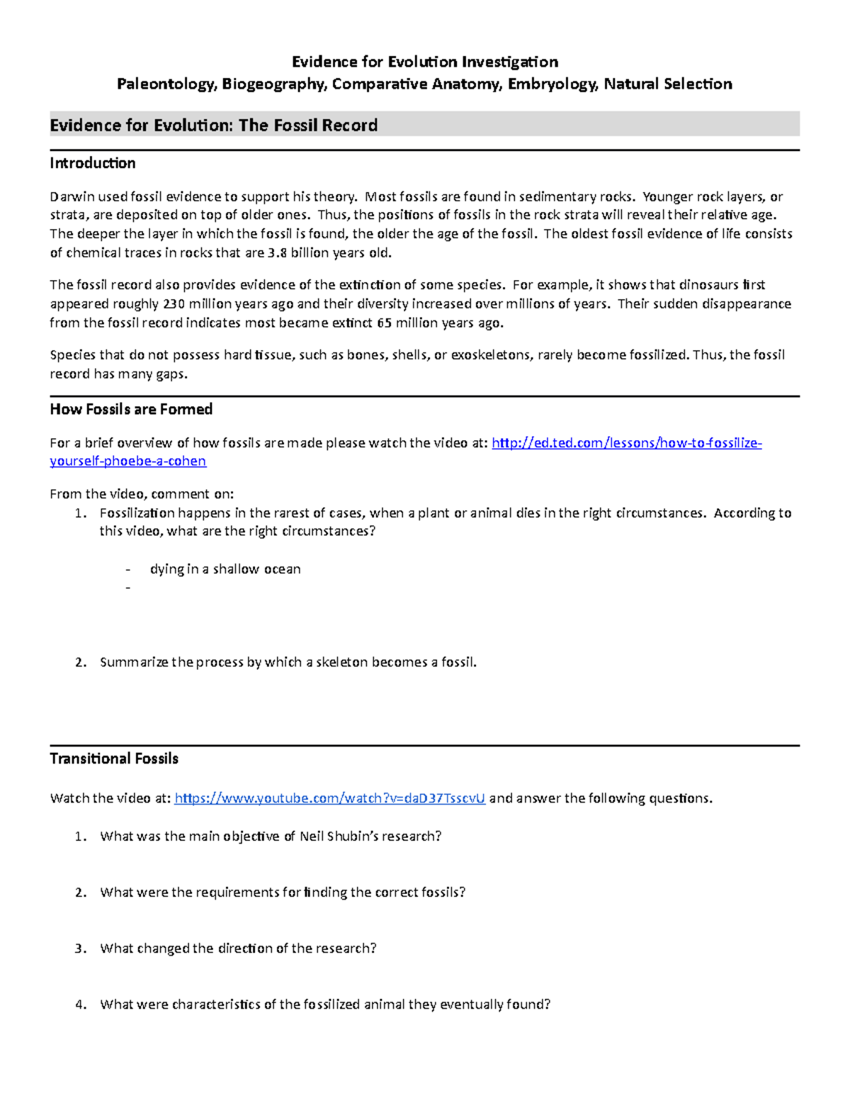 4 - Evidence for Evolution Investigation 2 - Paleontology, Biogeography ...