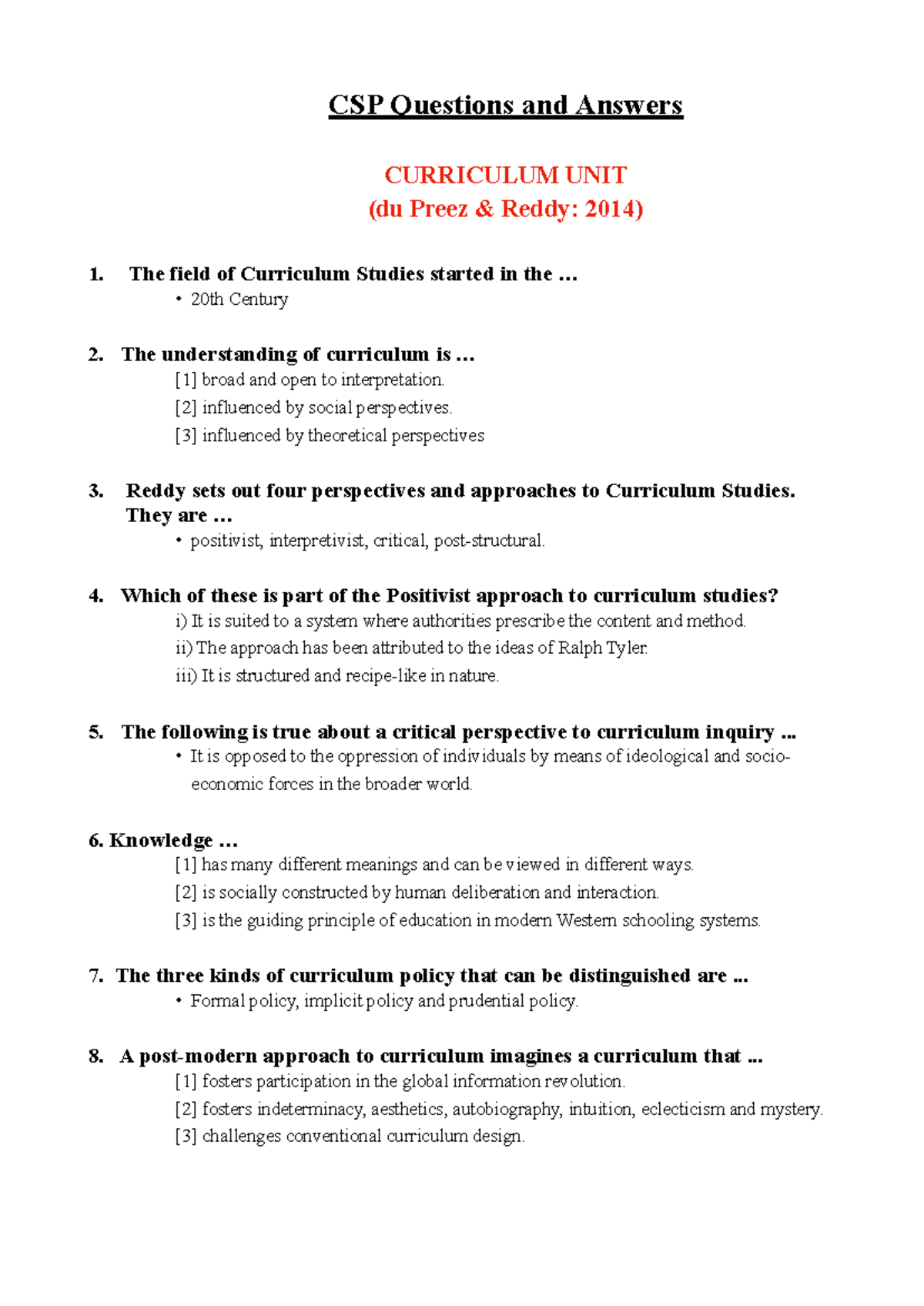 Cps4801 A & Q - CSP Questions and Answers CURRICULUM UNIT (du Preez ...