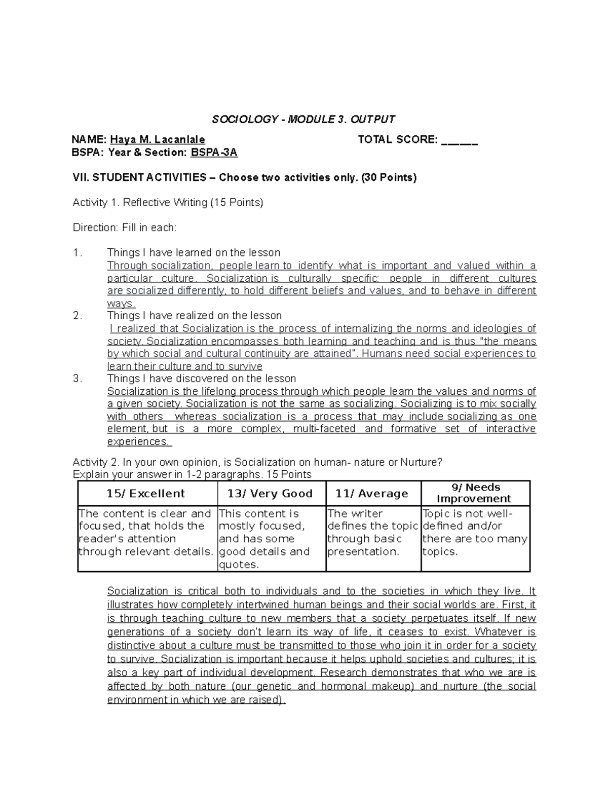 Sociology 3 - SOCIOLOGY - MODULE 3. OUTPUT NAME: Haya M. Lacanlale ...
