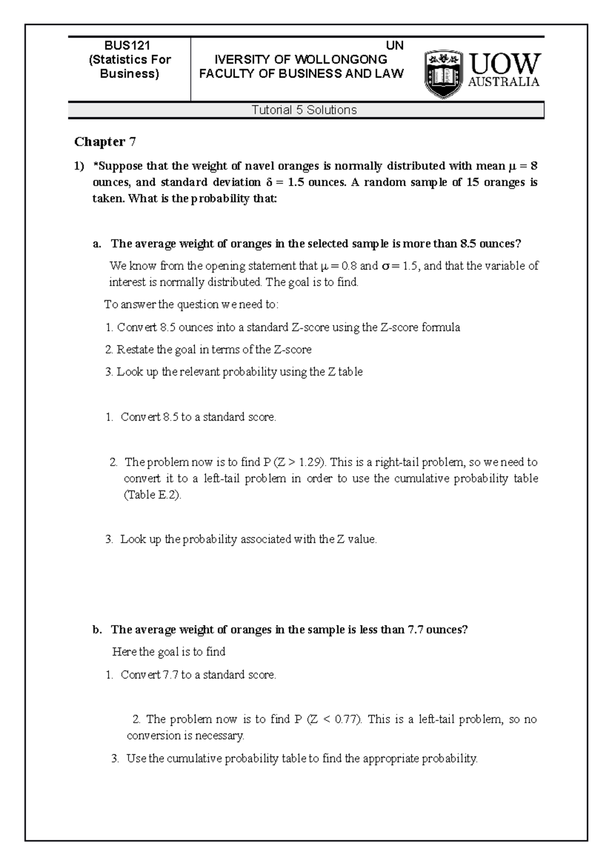 BUS121 T05 Solutions ch 7 and 8 - BUS (Statistics For Business) UN ...