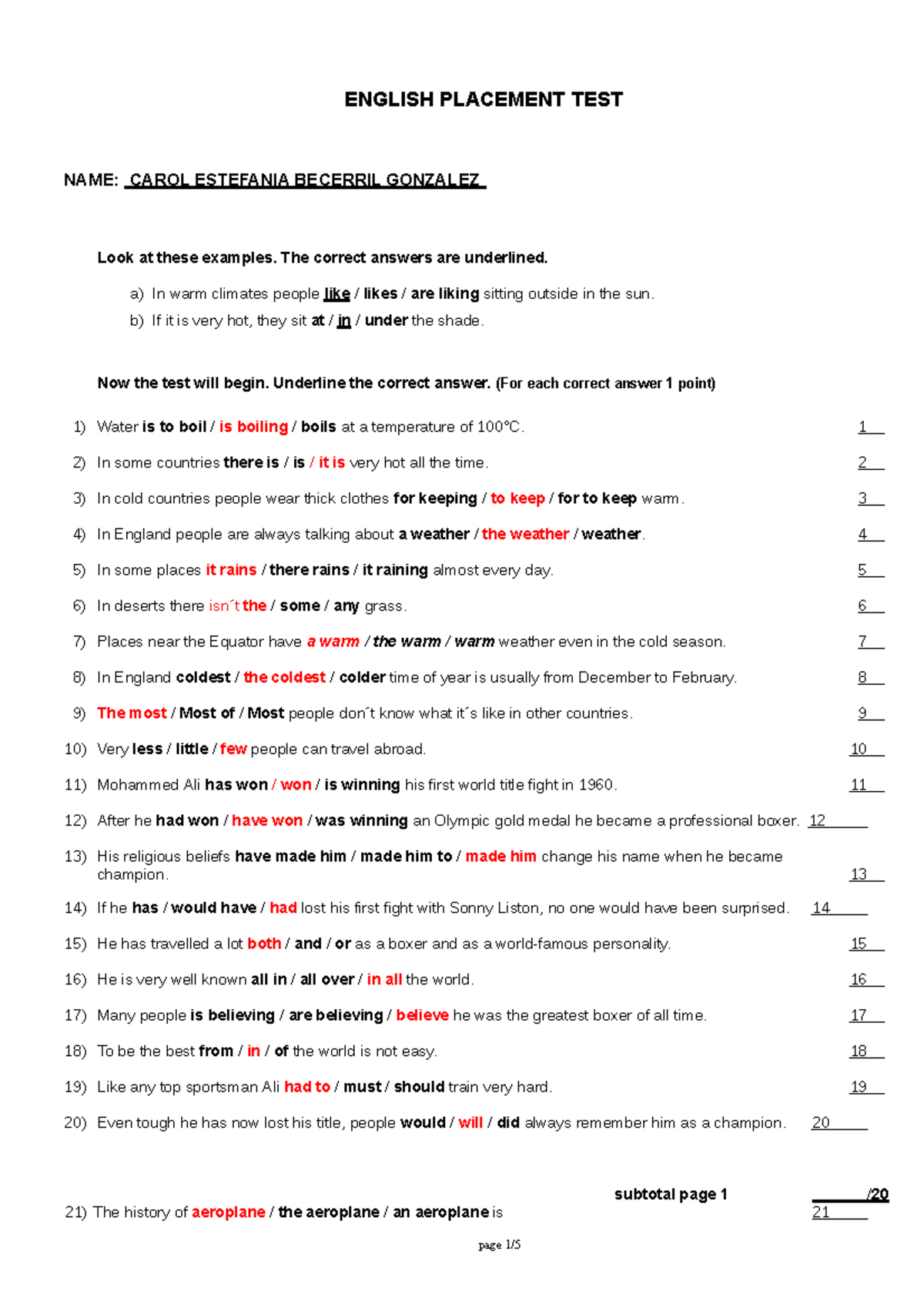 Elet practice test 2 - Elet - ENGLISH PLACEMENT TEST NAME: CAROL ...