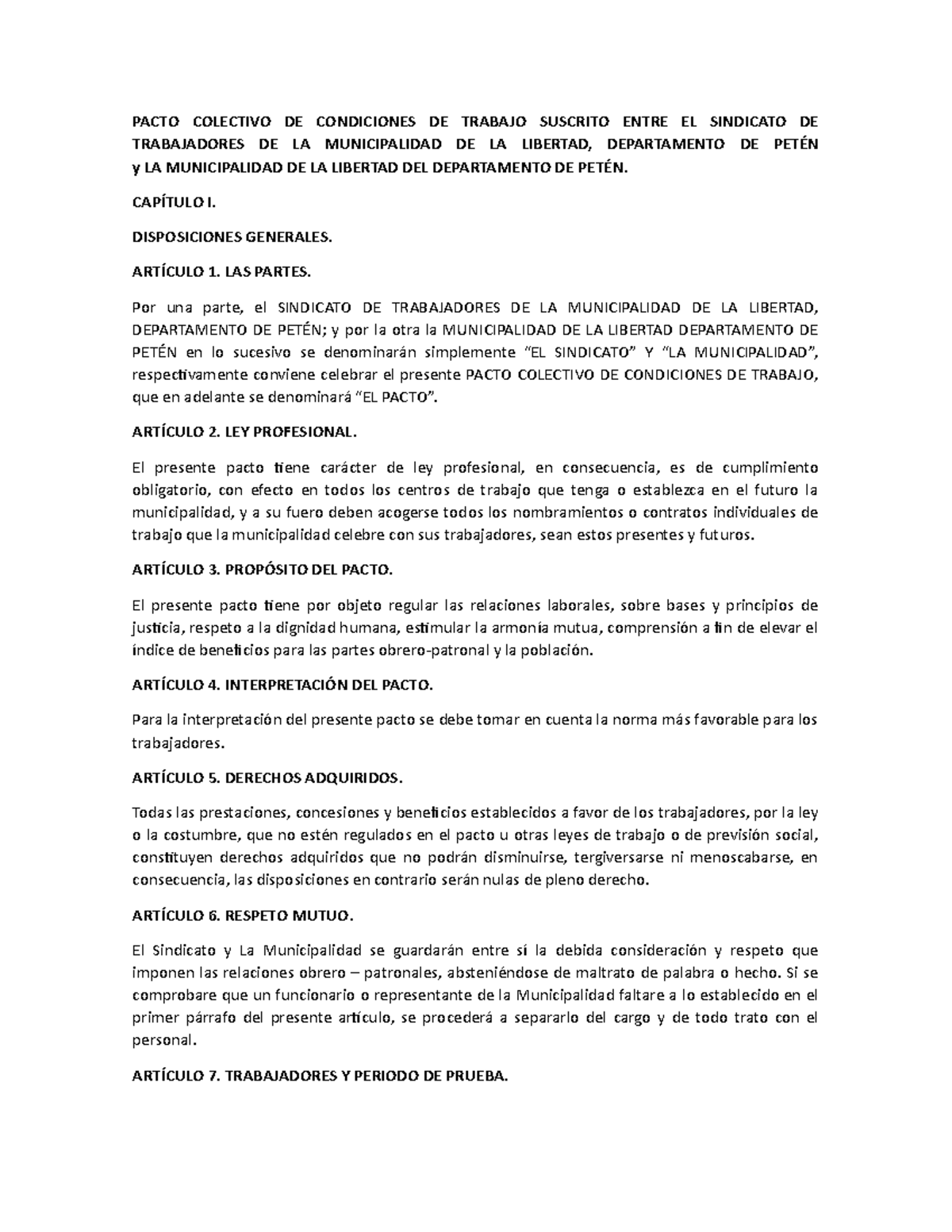 Pacto Colectivo de Condiciones de Trabajo. - PACTO COLECTIVO DE ...
