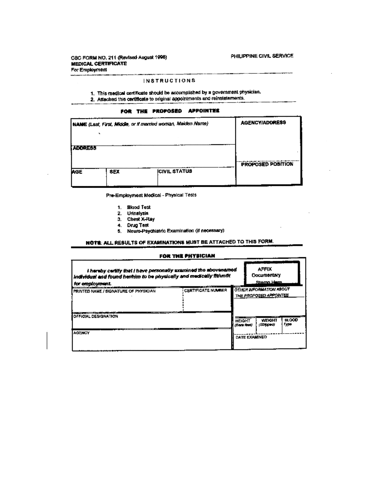 CS Form No. 211 Medical Certificate - CSC FORM NO. 211 (Revised August ...