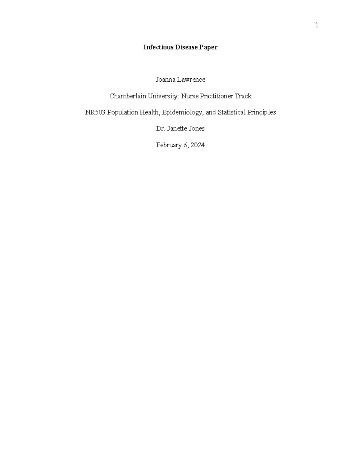 Infectious Disease Paper - Infectious Disease Paper Joanna Lawrence ...